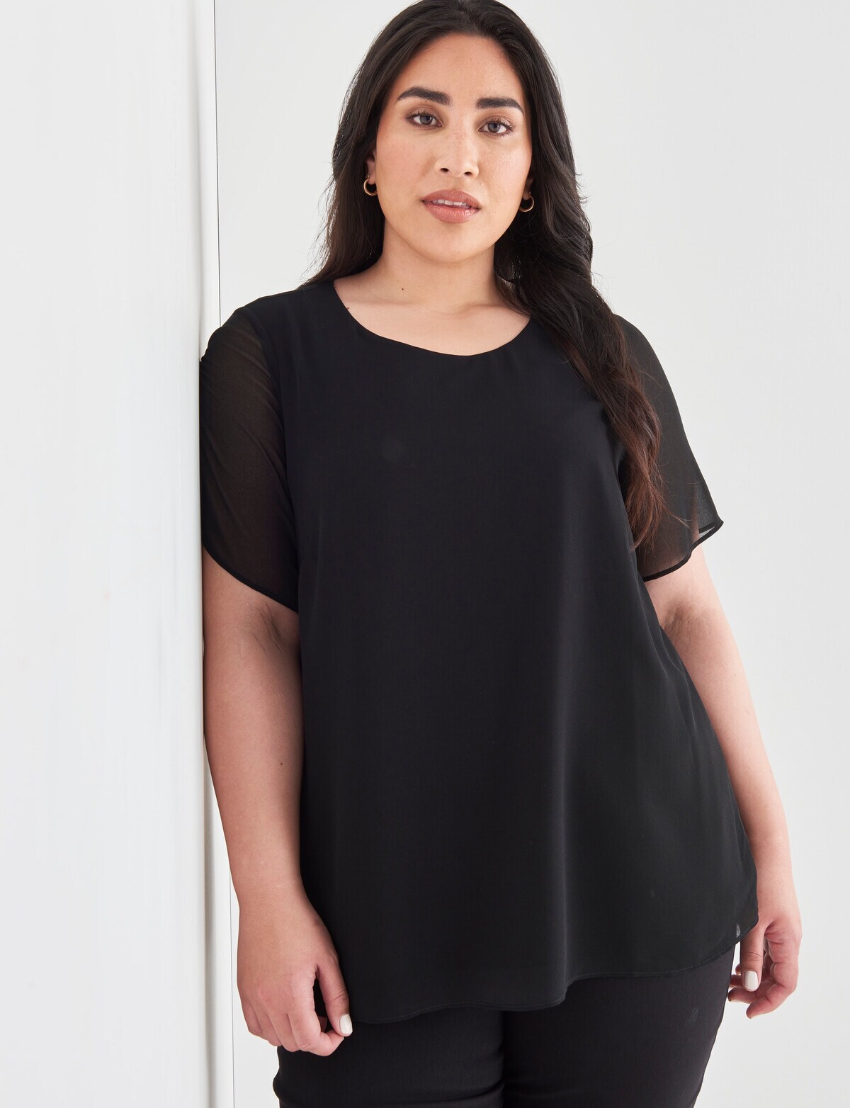 Studio Curve Double Layer Short Sleeve Top, Black - Tops
