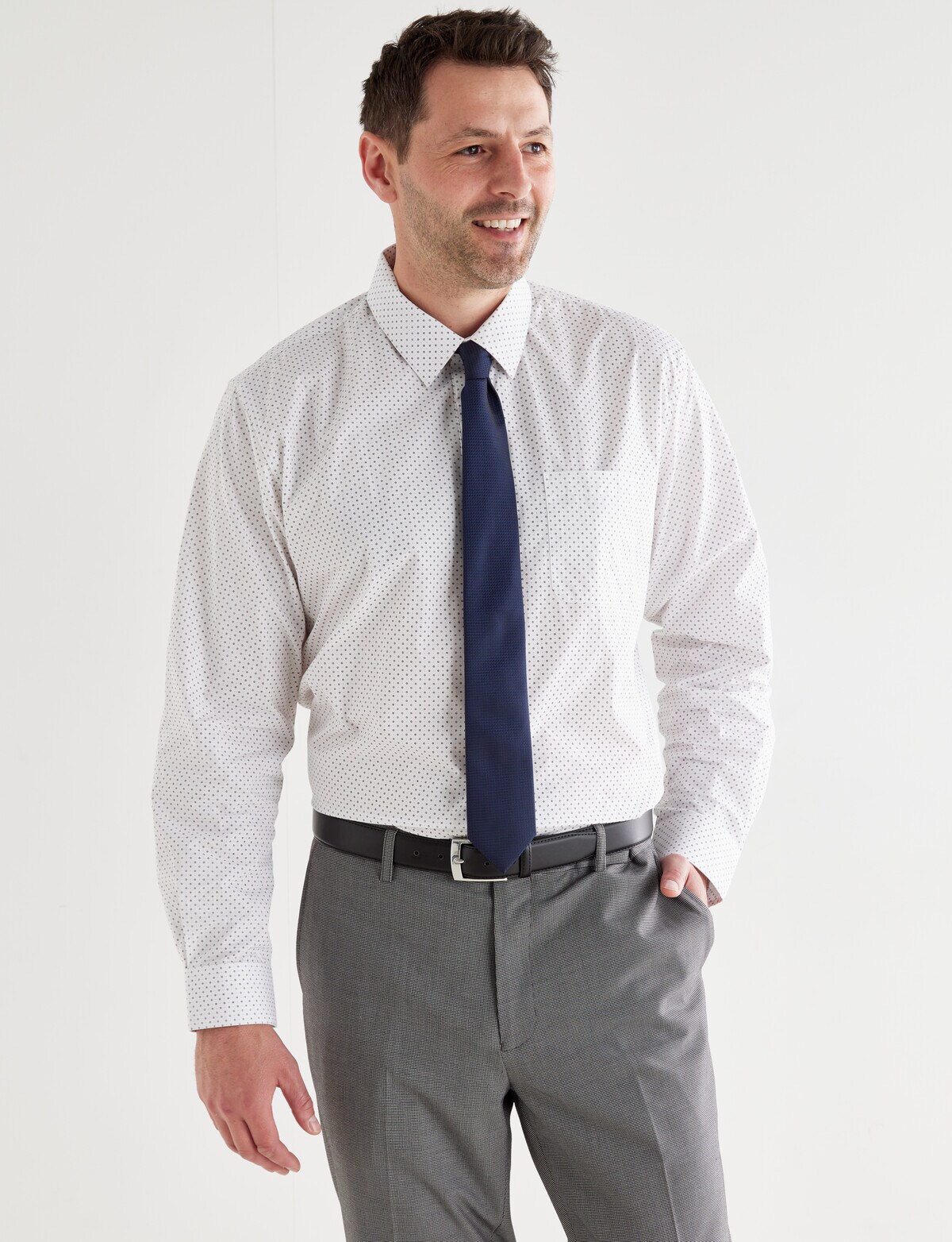 Chisel Formal Dotty Ditsy Long Sleeve Shirt, White - Mens Clearance