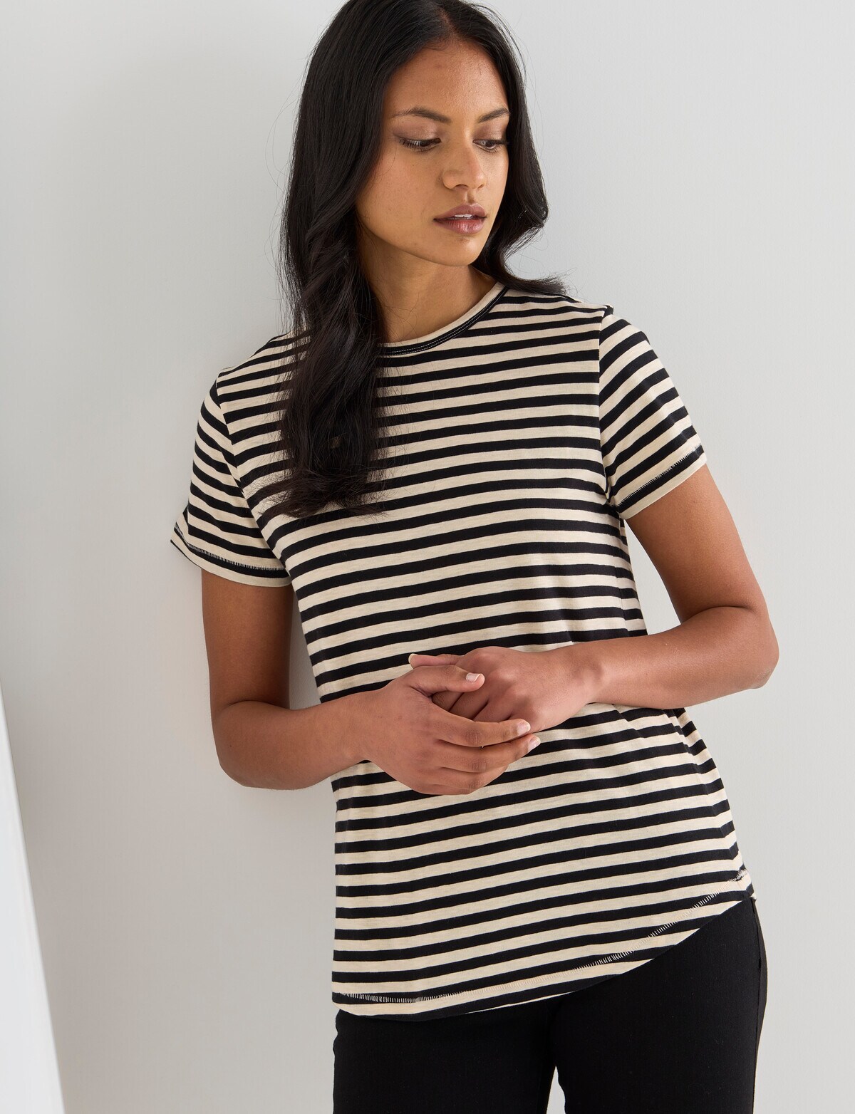 Zest Stripe Organic Cotton Short Sleeve Tee, Black & Natural - Tops
