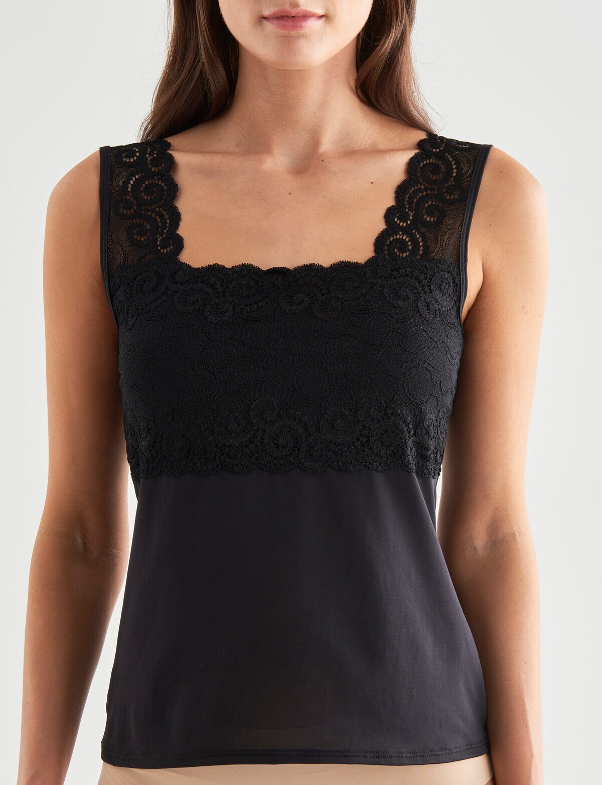 Essence Lace Square Neck Singlet, Black - Camisoles, Slips & Bodysuits