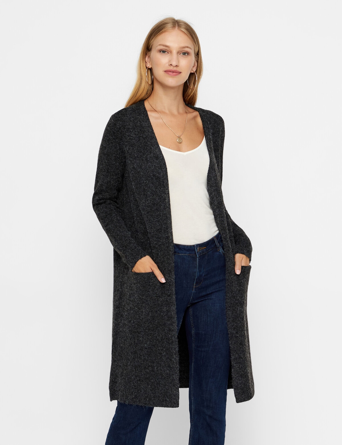 Vero Moda Doffy Long Open Cardigan, Black - Knitwear