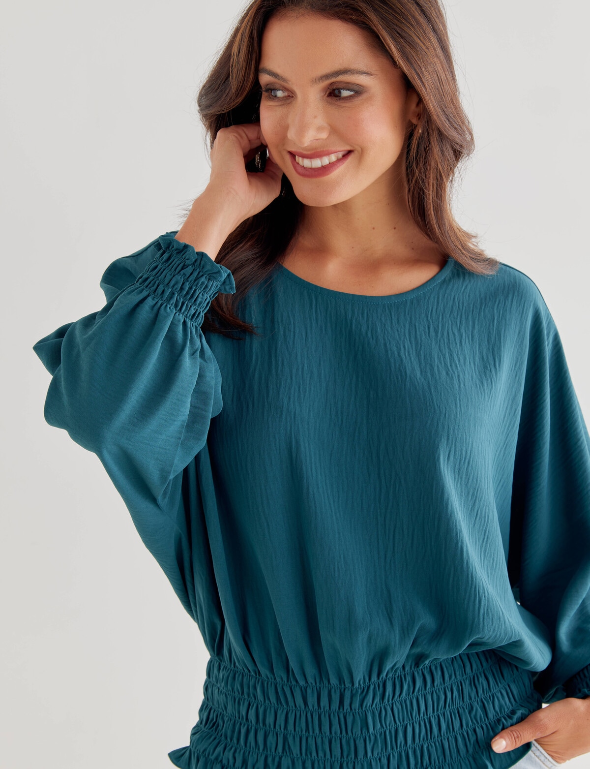 Whistle 3/4 Shirred Hem Top, Jade Green - Tops