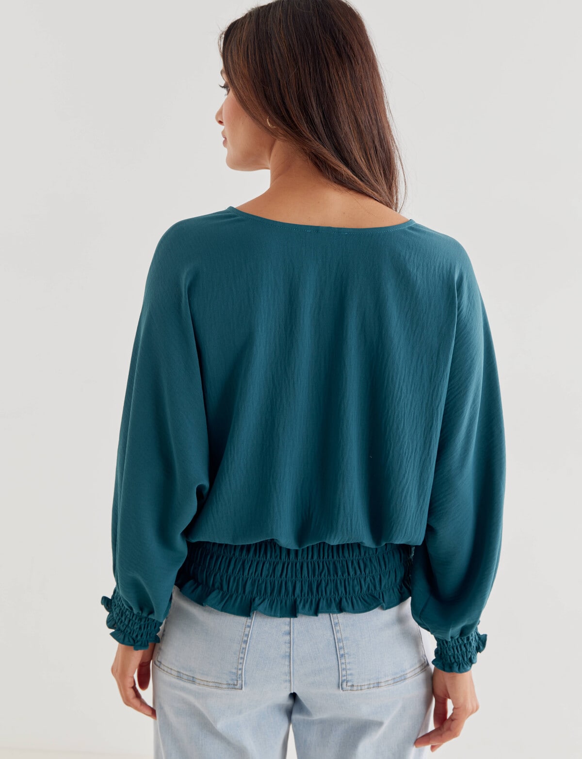 Whistle 3/4 Shirred Hem Top, Jade Green - Tops