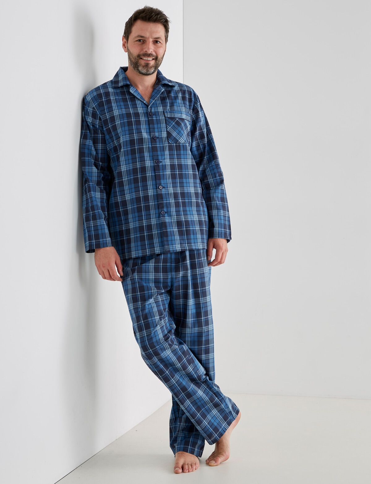 Chisel Check Woven Long PJ Set, Navy & Blue - Sleepwear