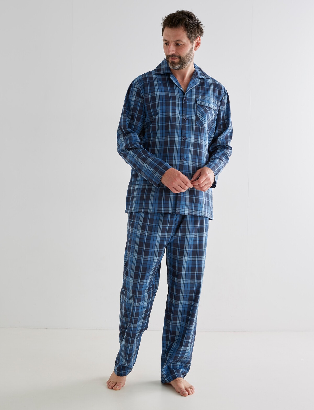 Chisel Check Woven Long PJ Set, Navy & Blue - Sleepwear