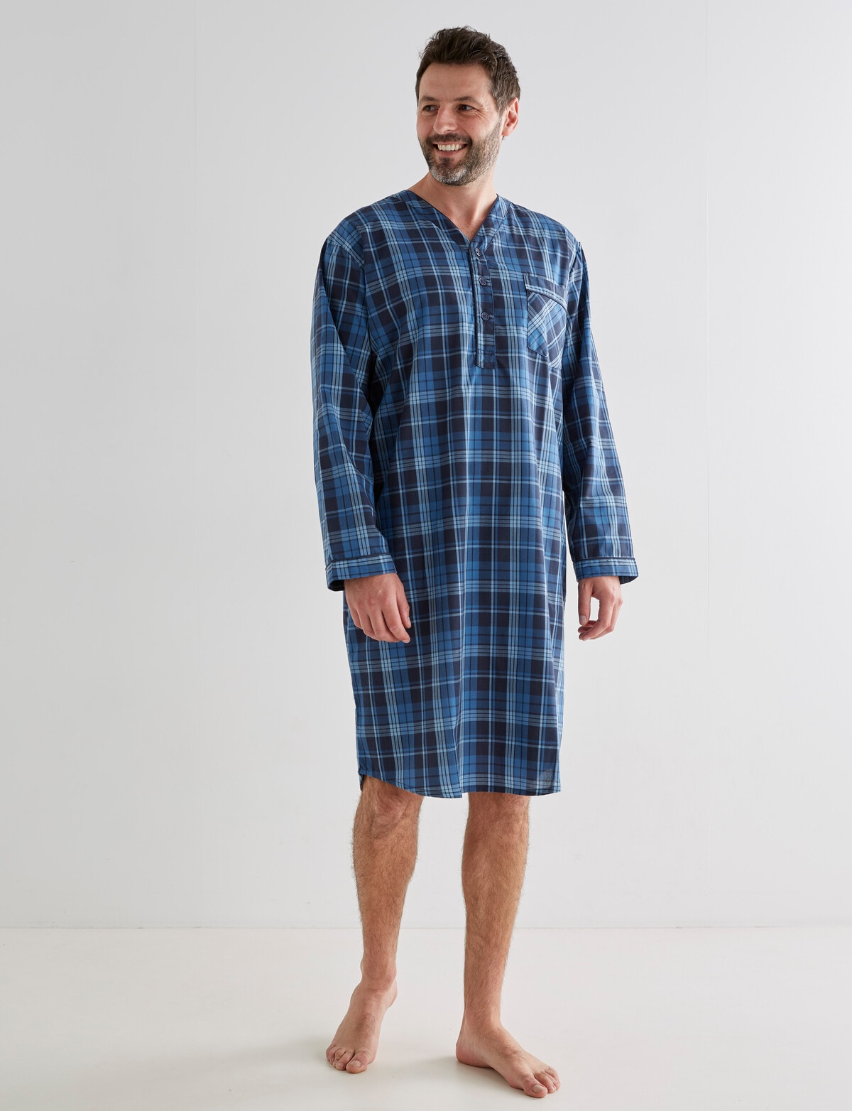 Chisel Check Woven Nightshirt, Navy & Blue - Sleepwear