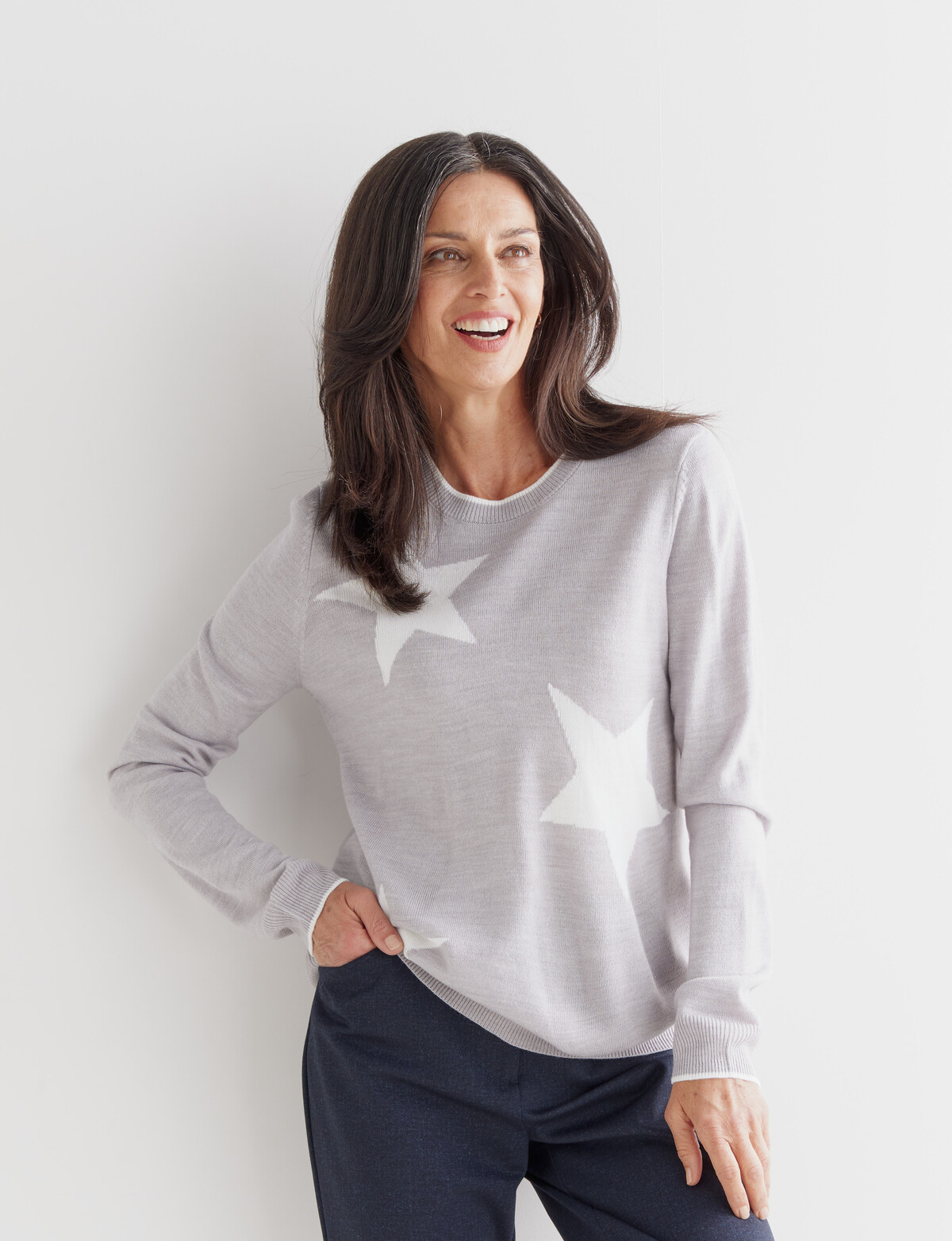 Ella J Stars Crewneck Jumper, Grey Marle - Womens Clearance