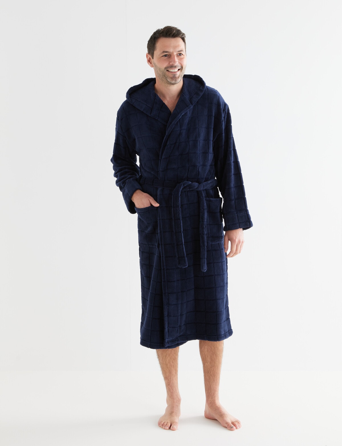 Chisel Fleece Square Carved Hooded Robe, Navy - Robes