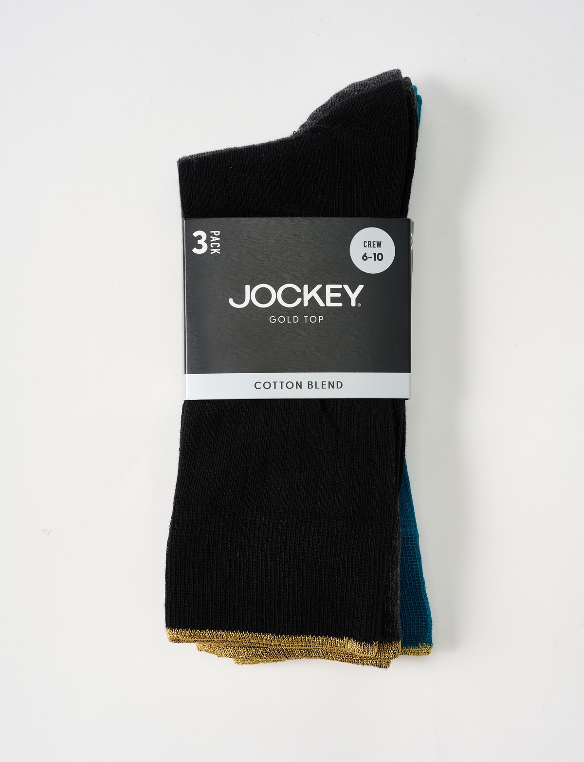 Jockey Gold Top Cotton-Blend Crew Sock, 3-Pack, Black, Grey & Teal - Socks