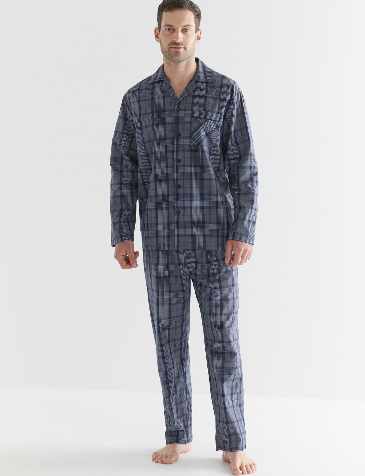Chisel Check Woven Long PJ Set, Navy & Charcoal - Sleepwear
