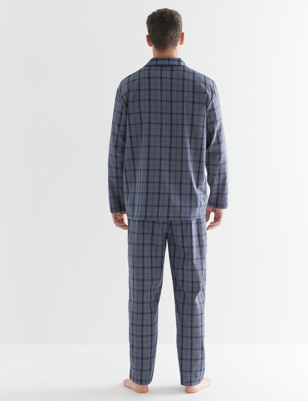 Chisel Check Woven Long PJ Set, Navy & Charcoal - Sleepwear