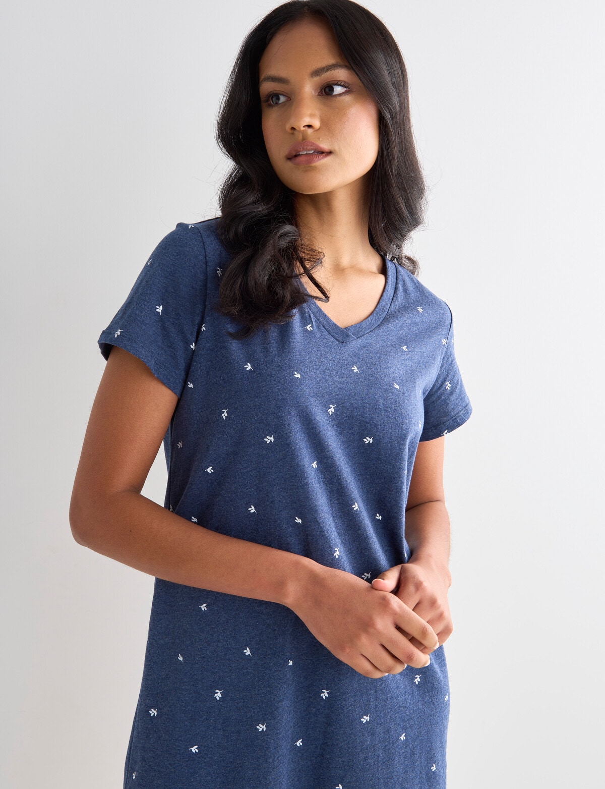 Zest Sleep Leaf V-Neck T-Shirt Nightie, Navy Marle, 8-22 - Nighties