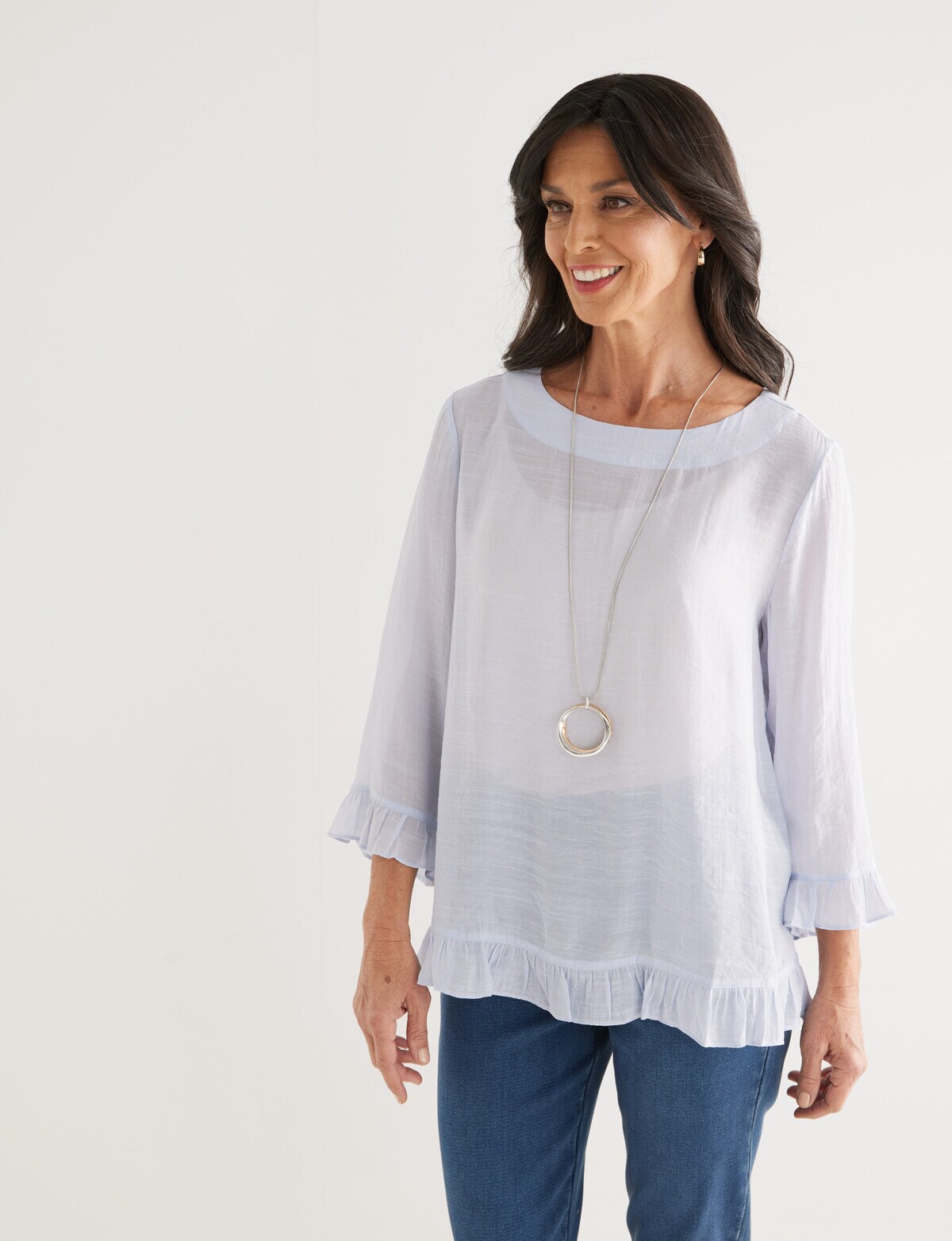 Ella J 3/4 Sleeve Ruffle Top, Pale Blue - Womens Clearance