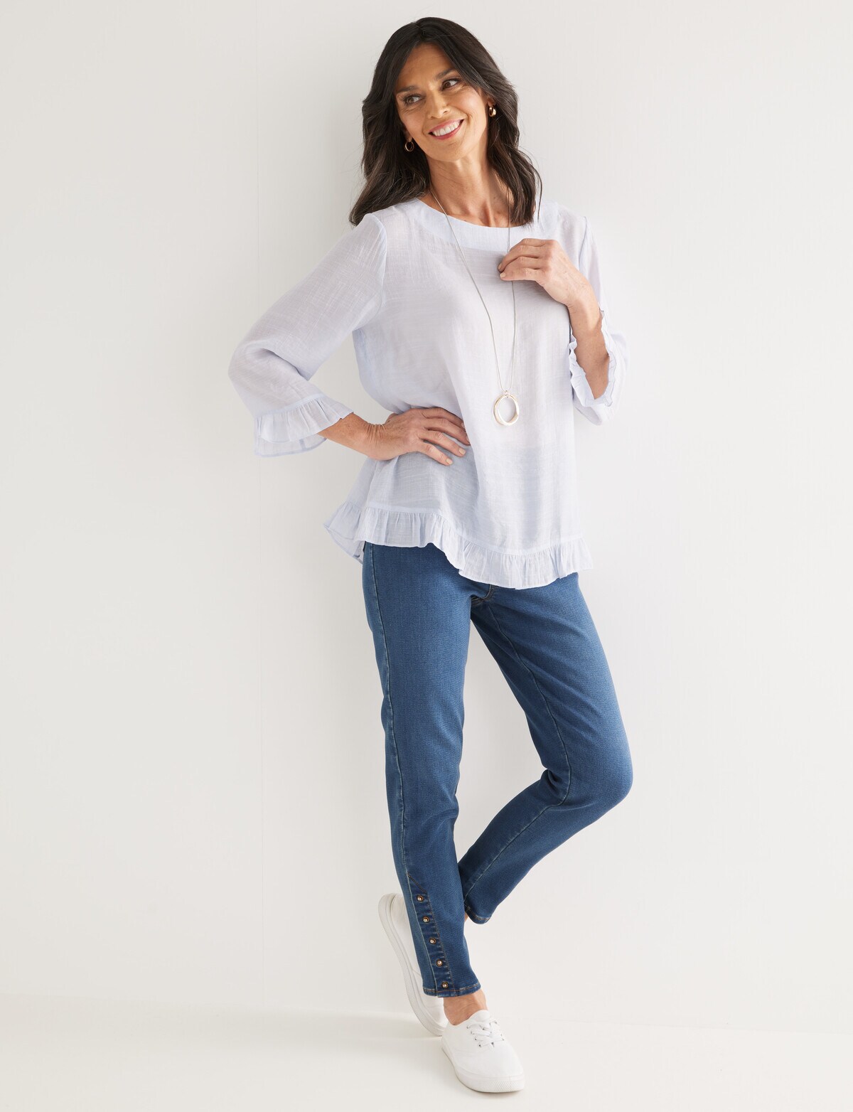 Ella J 3/4 Sleeve Ruffle Top, Pale Blue - Womens Clearance