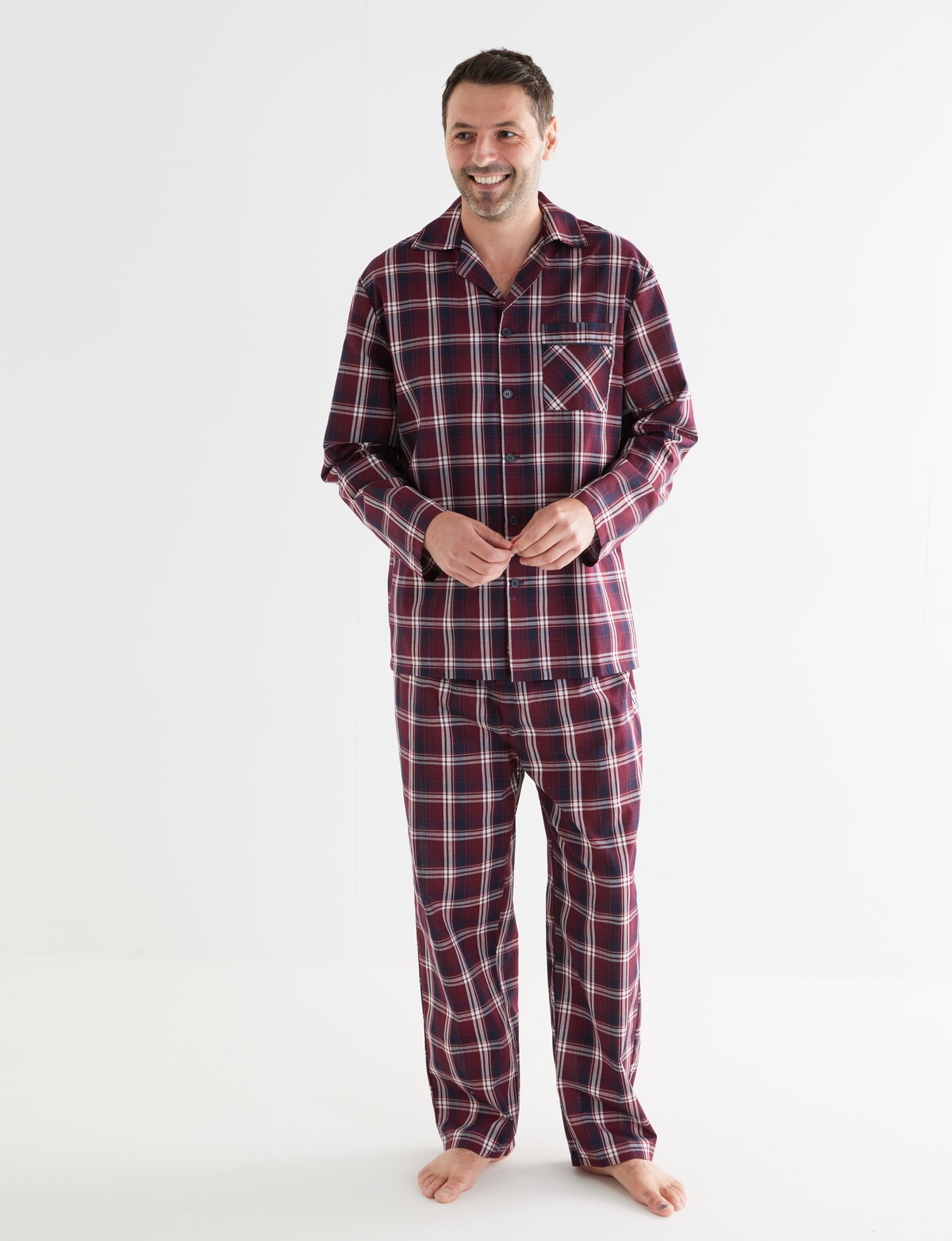 Chisel Check Woven Long PJ Set, Navy, Red & White - Sleepwear