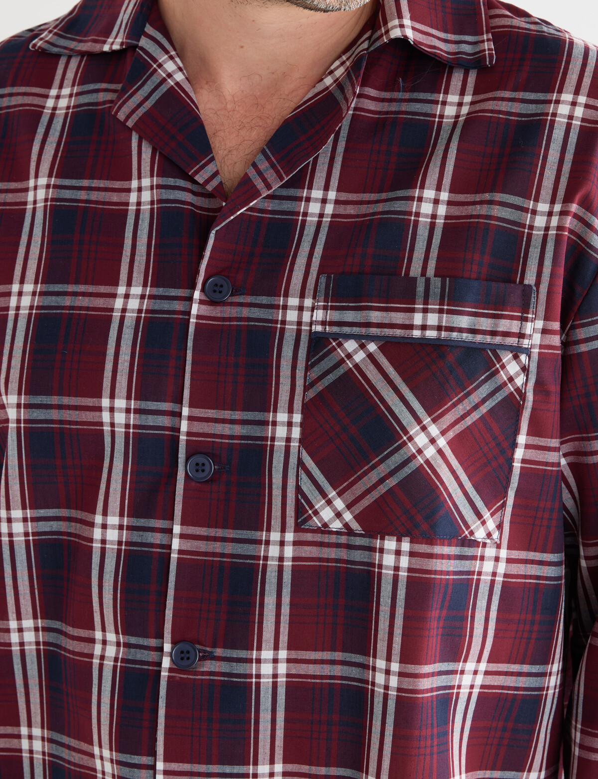 Chisel Check Woven Long PJ Set, Navy, Red & White - Sleepwear