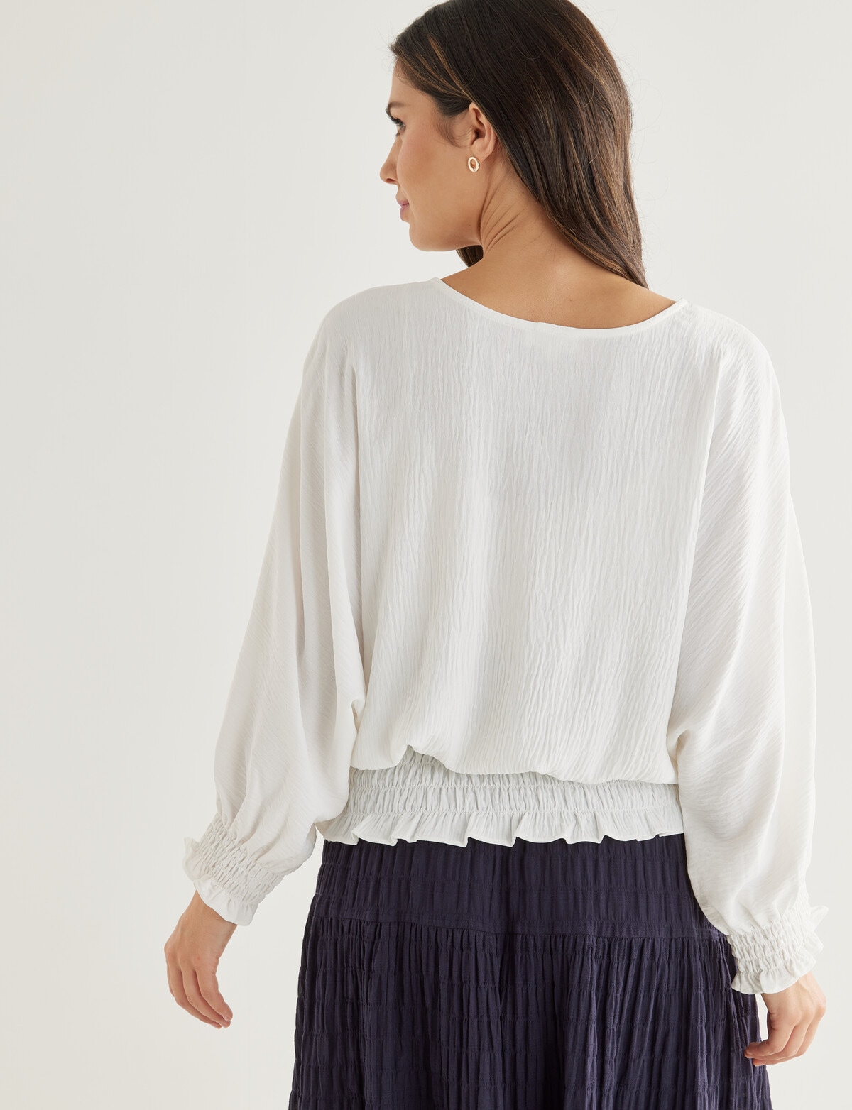 Whistle Shirred Hem 3/4 Sleeve Top, Ivory - Tops