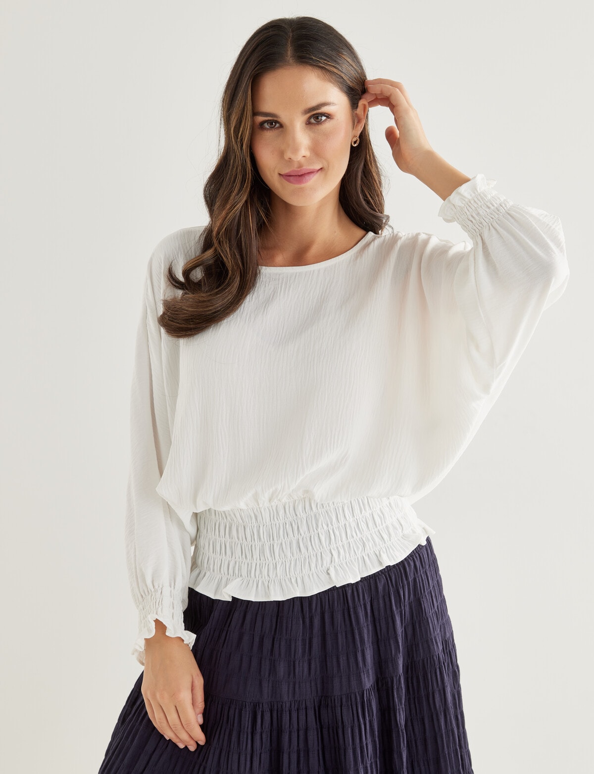 Whistle Shirred Hem 3/4 Sleeve Top, Ivory - Tops