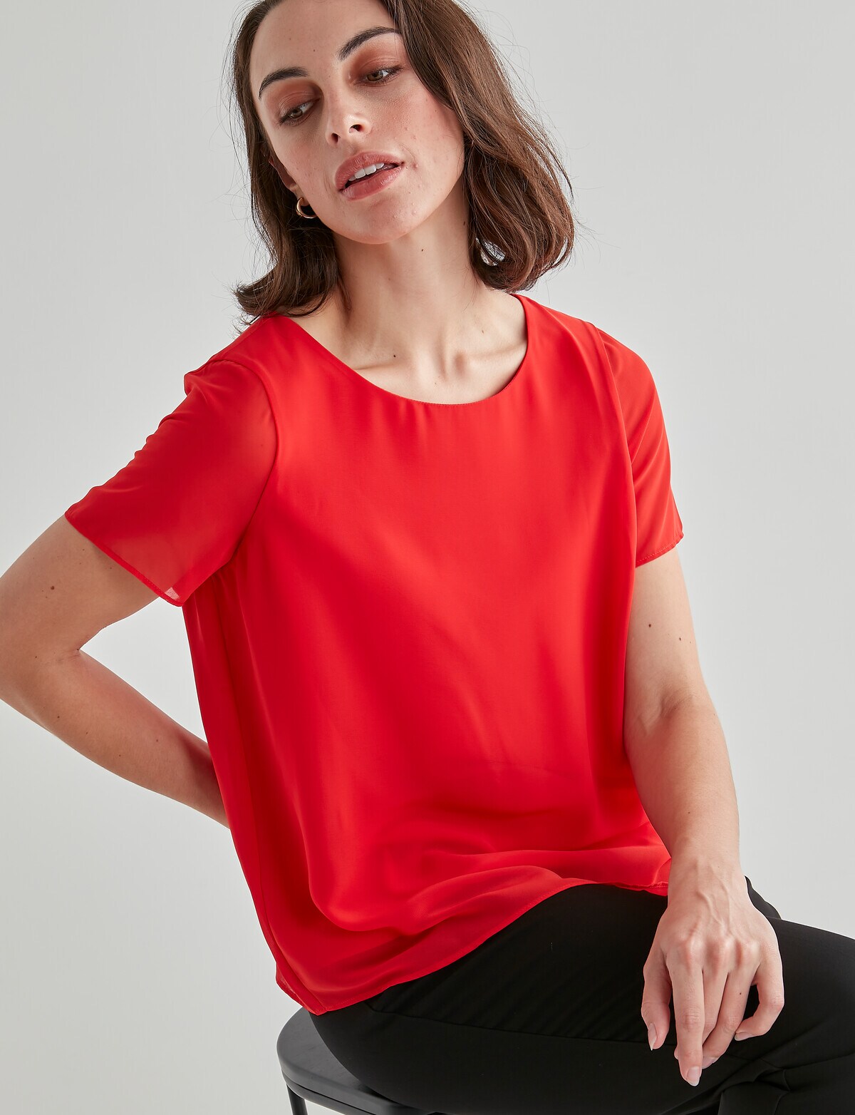 Oliver Black Short Sleeve Double Layer Top, Cherry - Tops