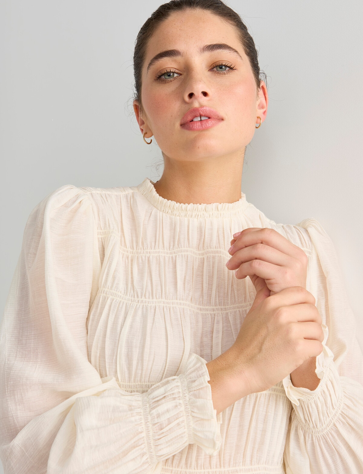 Mineral Bobby Smocked Long Blouson Sleeve Top, Ivory - Tops