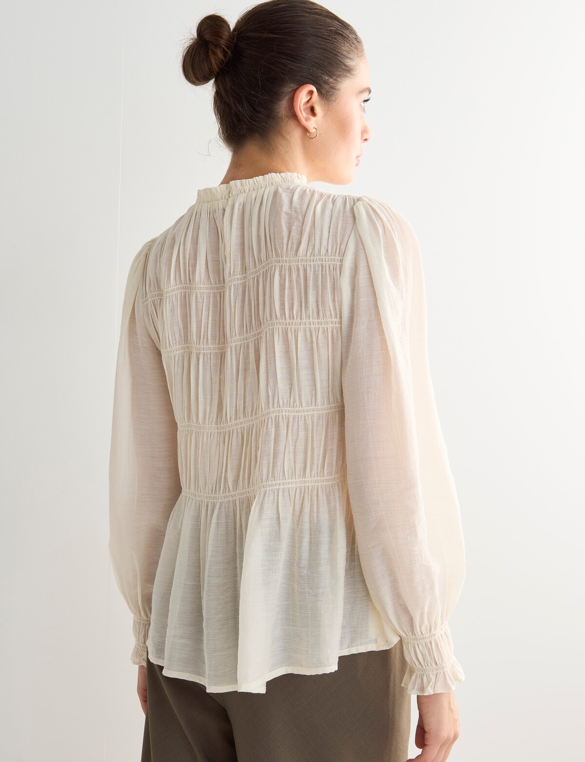 Mineral Bobby Smocked Long Blouson Sleeve Top, Ivory - Tops