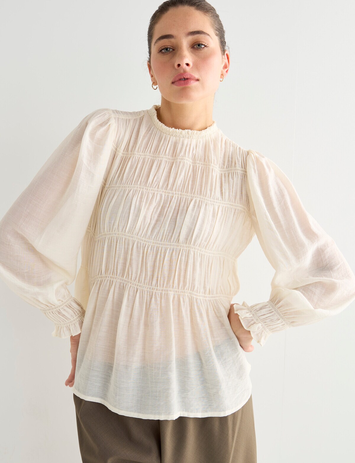 Mineral Bobby Smocked Long Blouson Sleeve Top, Ivory - Tops