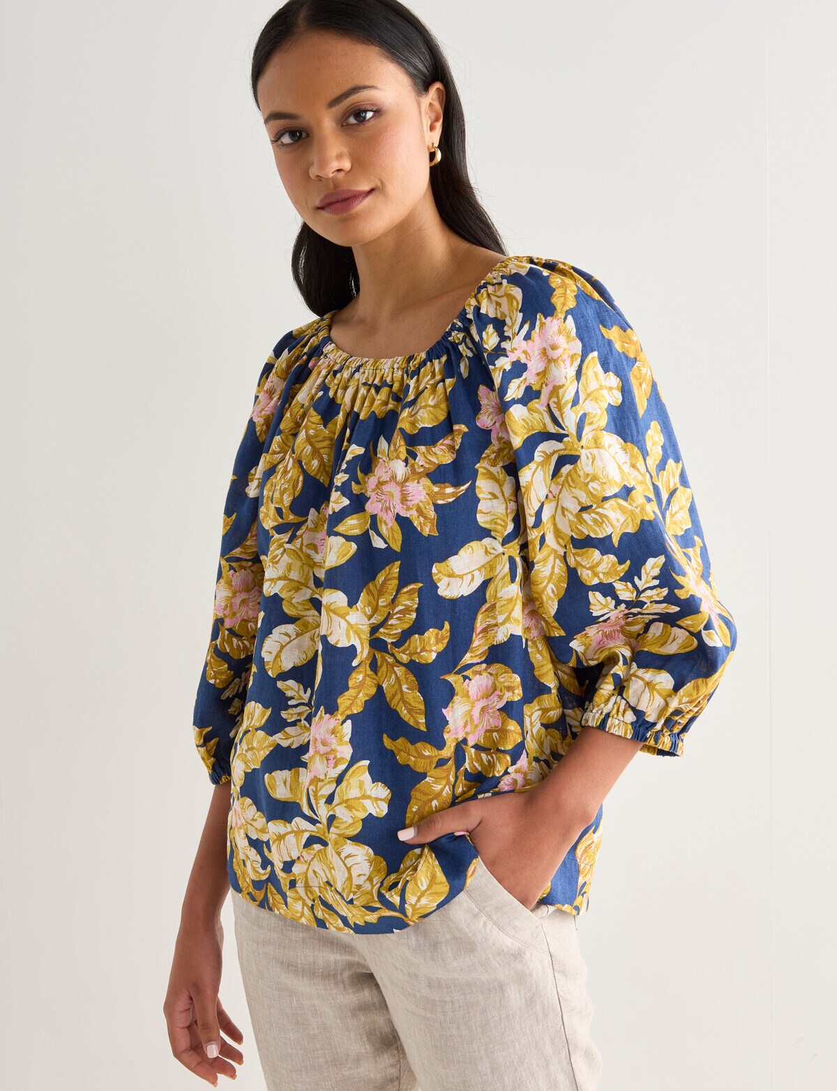 Zest Regal Print Linen Peasant Top, Blue - Tops