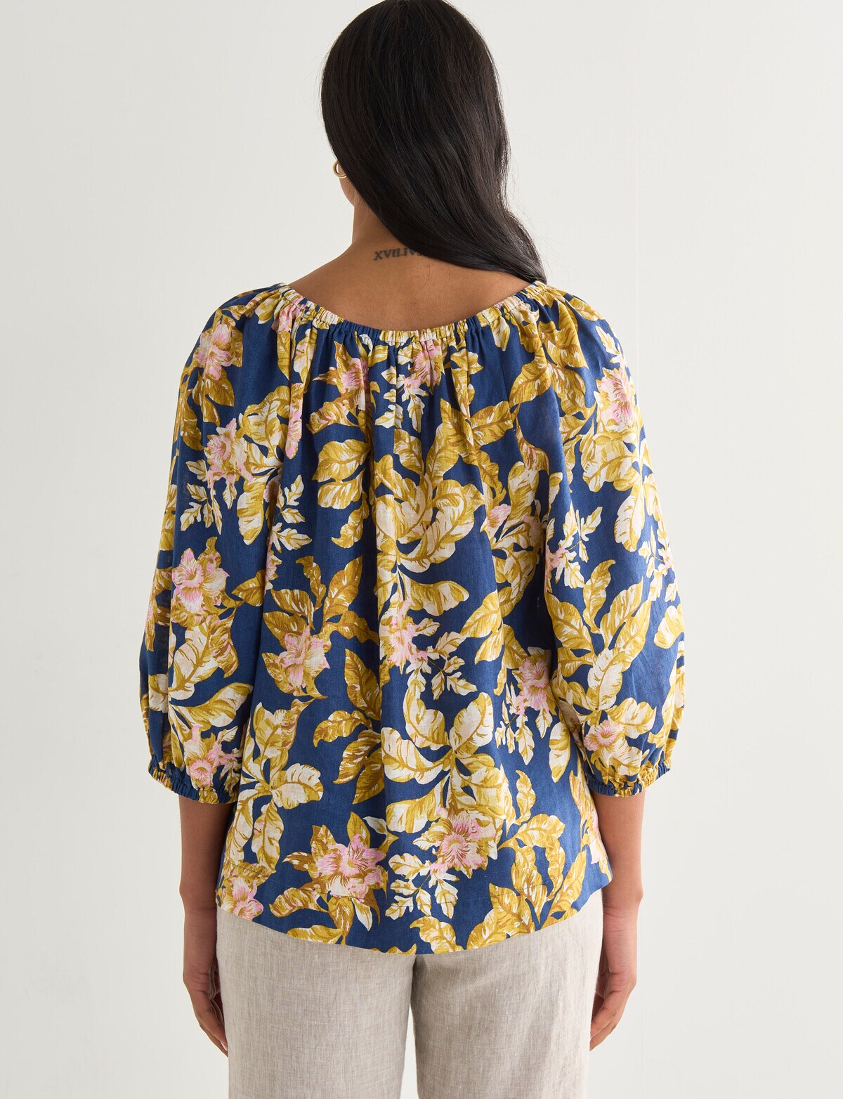 Zest Regal Print Linen Peasant Top, Blue - Tops