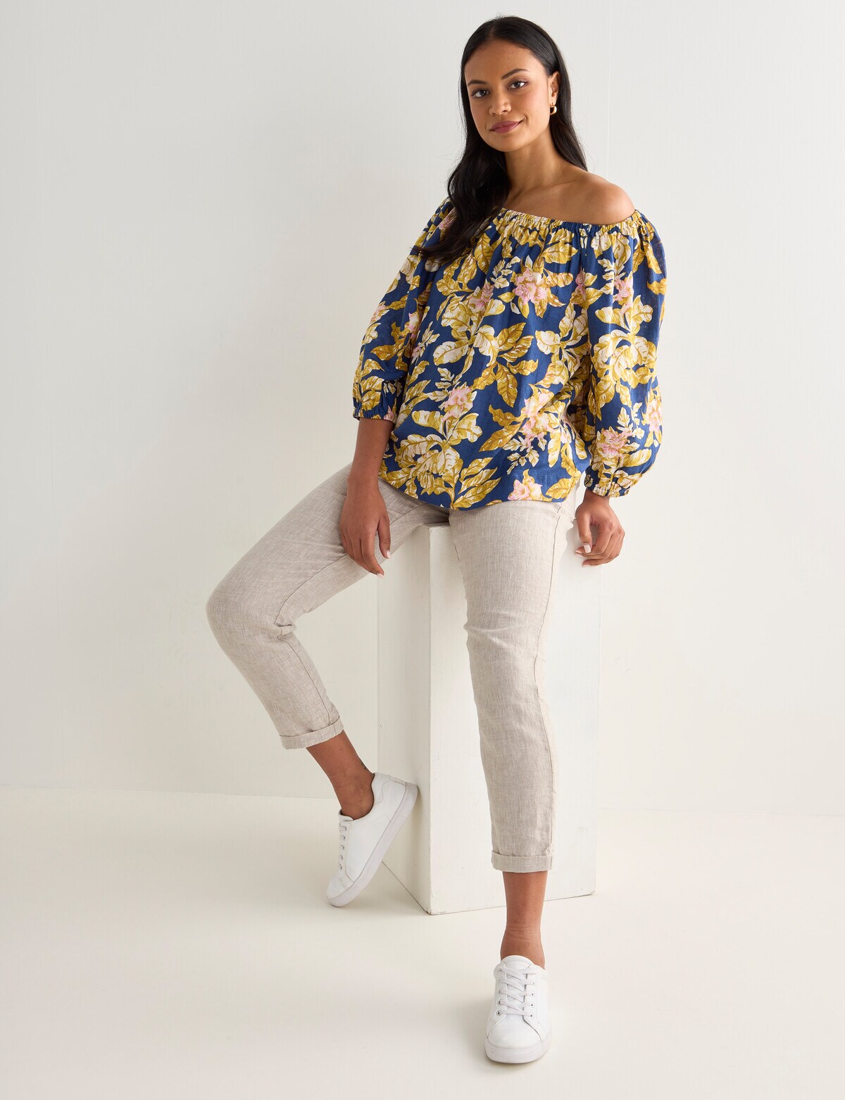 Zest Regal Print Linen Peasant Top, Blue - Tops