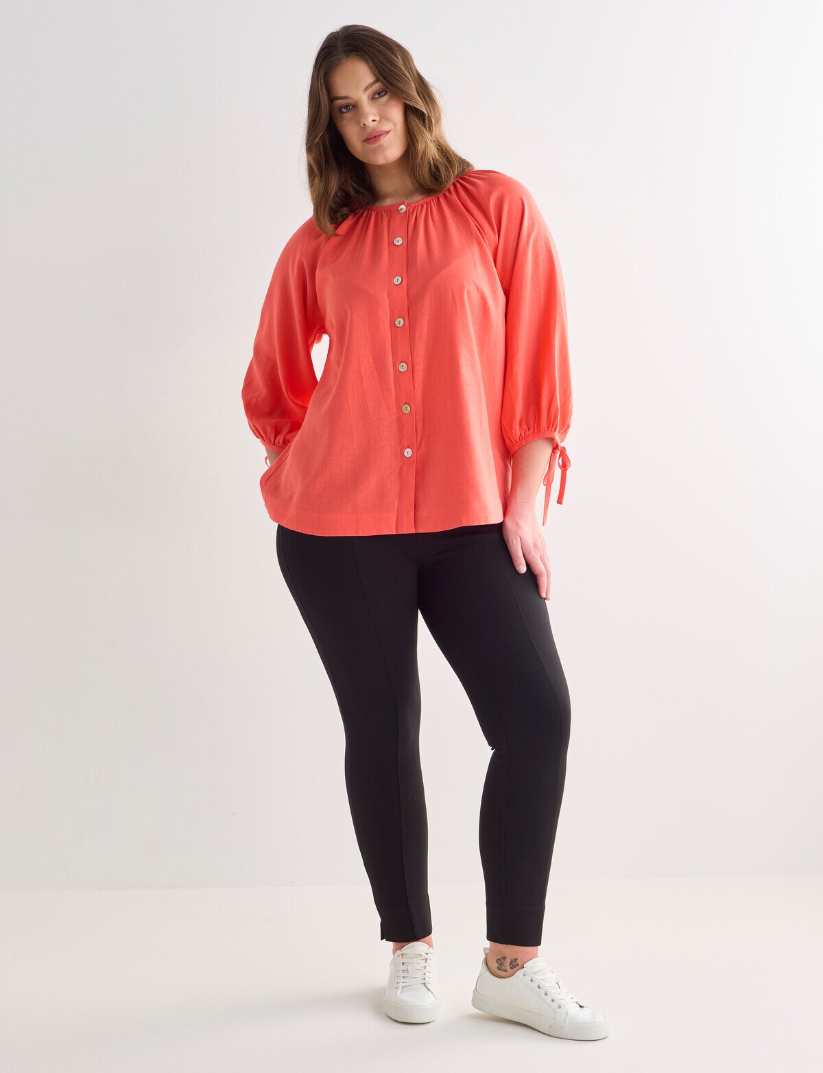 Studio Curve Linen Blend Button Front Tie Sleeve Top, Coral - Tops