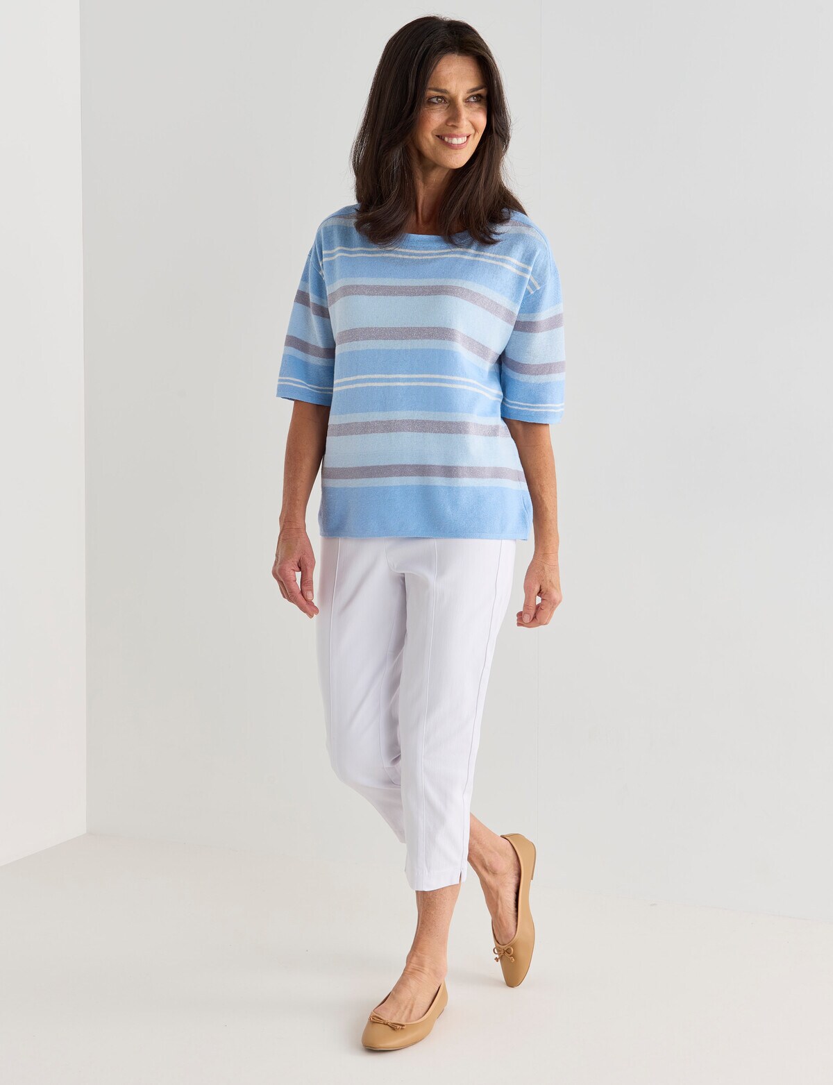 Ella J Stripe Short Sleeve Boxy Knit Jumper, Pale Blue - Tops