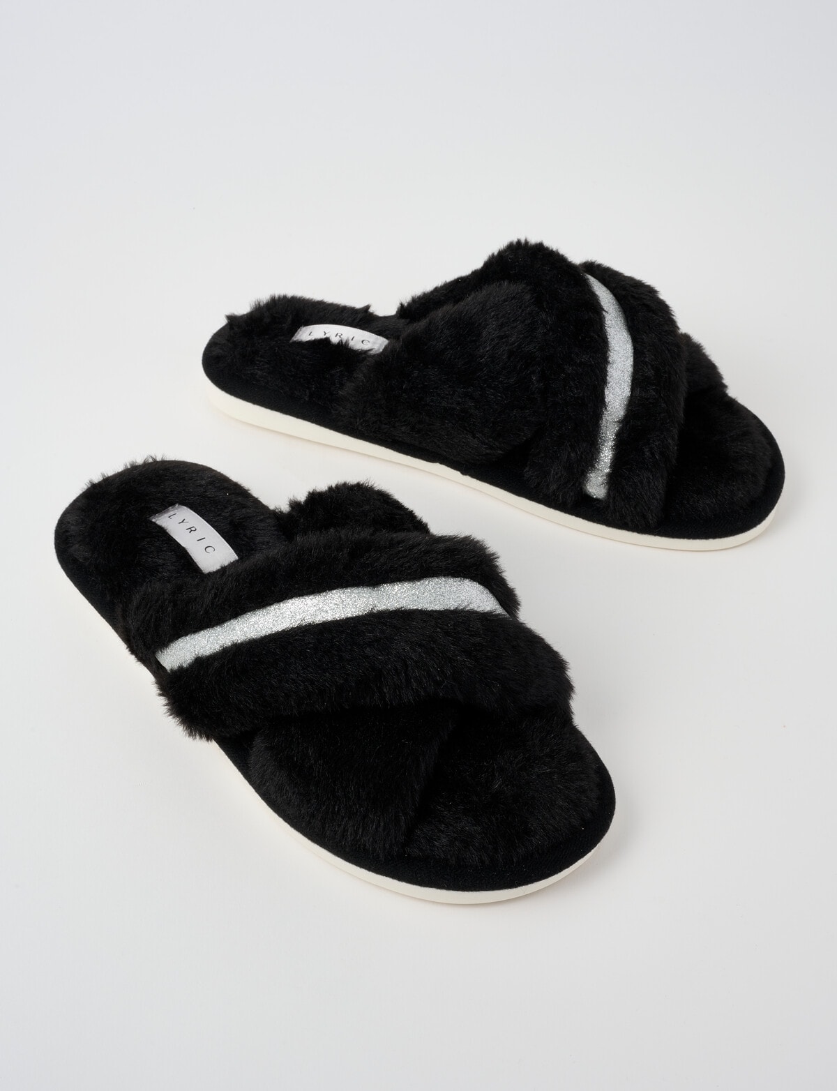 Lyric Bling Fluffy Crossover Slides, Black - Slippers