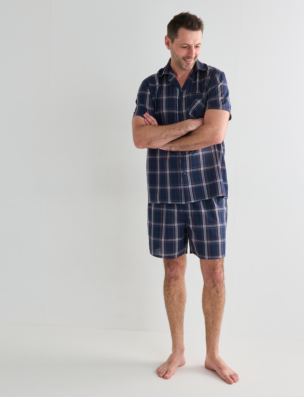 Chisel Woven Check Short PJ Set, Navy, Red & Grey - Sleepwear