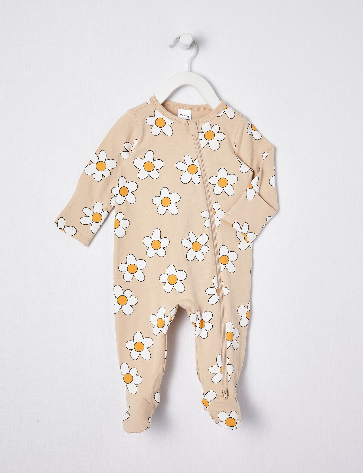 Teeny Weeny Sleep Daisy Stretch Cotton Sleepsuit, Sand - Sleepwear
