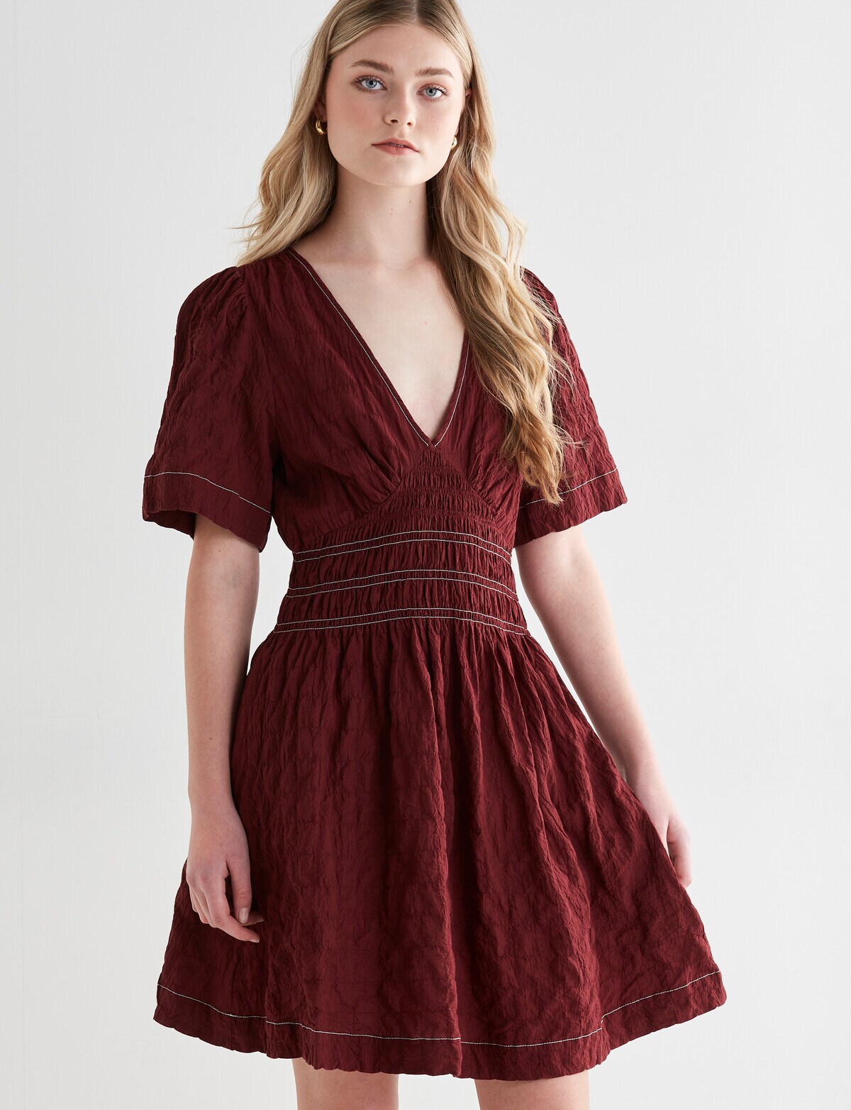 Mineral Ida Shirred Waist Dress, Cherry - Dresses