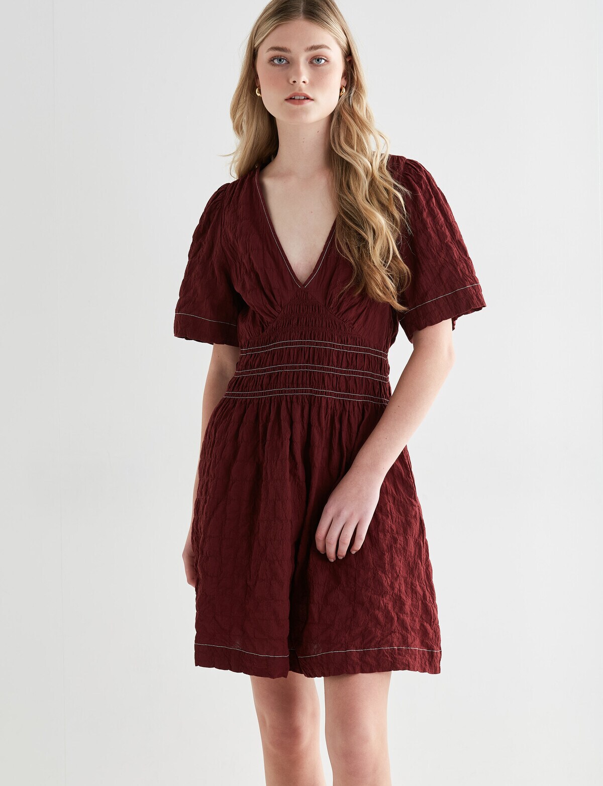 Mineral Ida Shirred Waist Dress, Cherry - Dresses