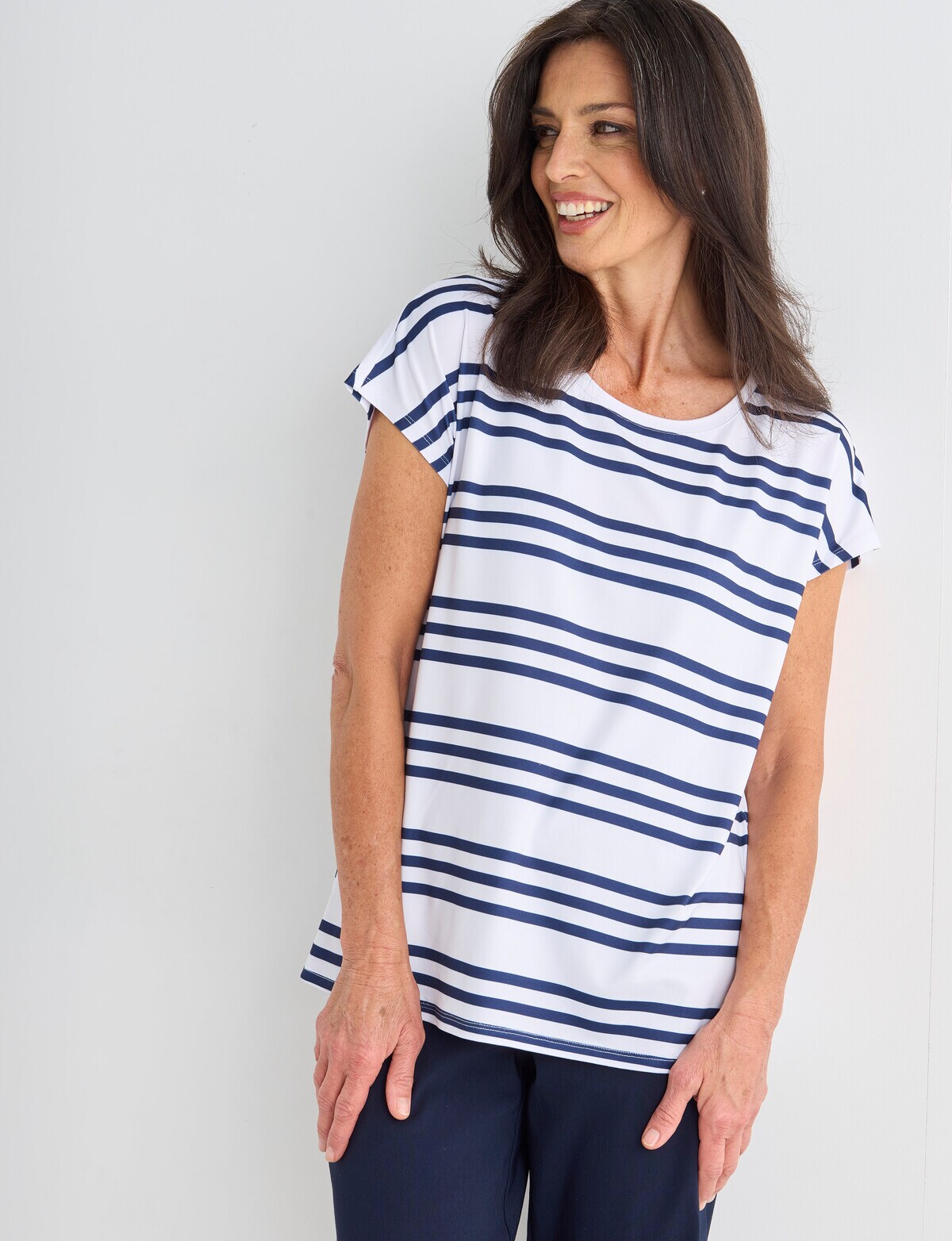 Ella J Stripe Cap Sleeve Tee, White & Navy - Tops
