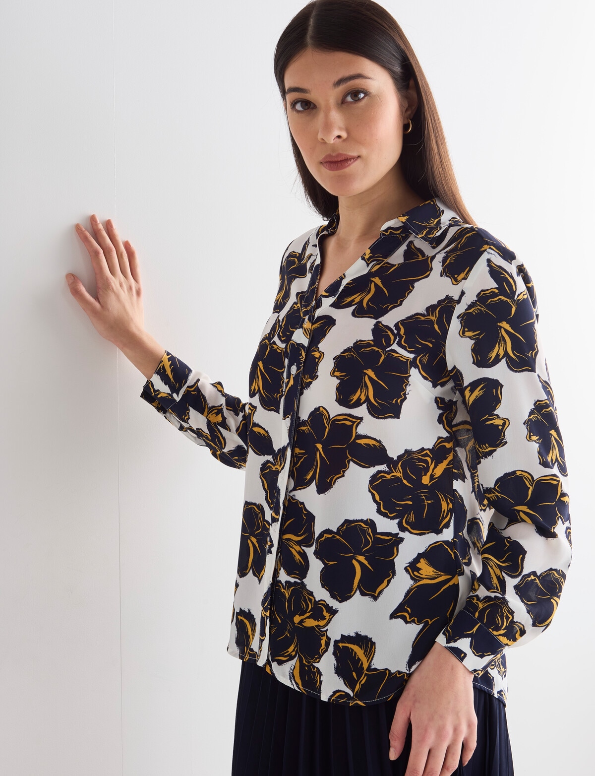 Oliver Black Floral Print Split Neck Collar Shirt, Lemon - Womens Clearance