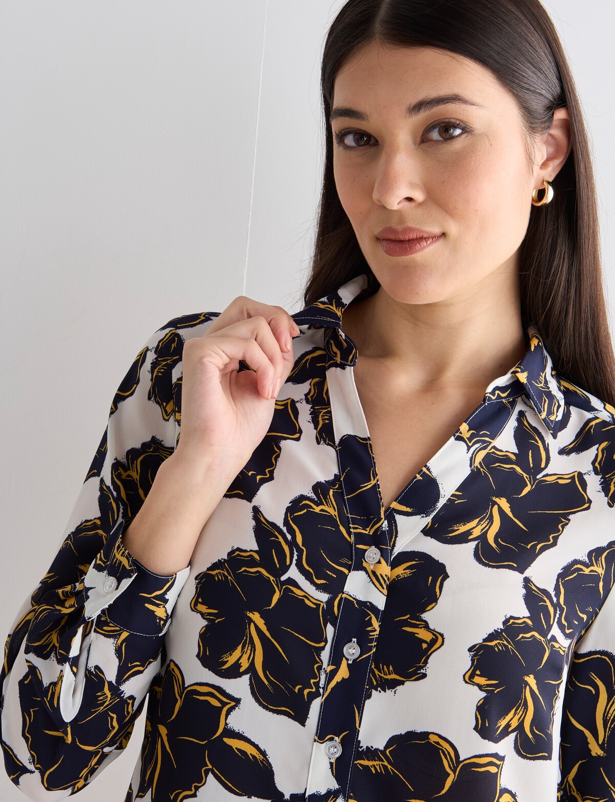 Oliver Black Floral Print Split Neck Collar Shirt, Lemon - Womens Clearance