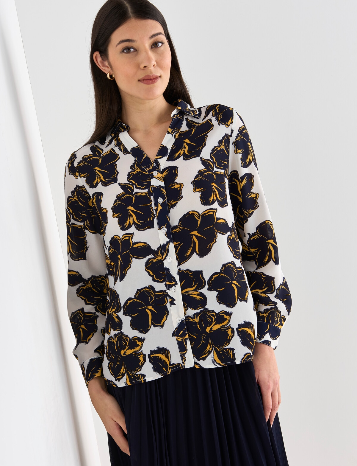 Oliver Black Floral Print Split Neck Collar Shirt, Lemon - Womens Clearance
