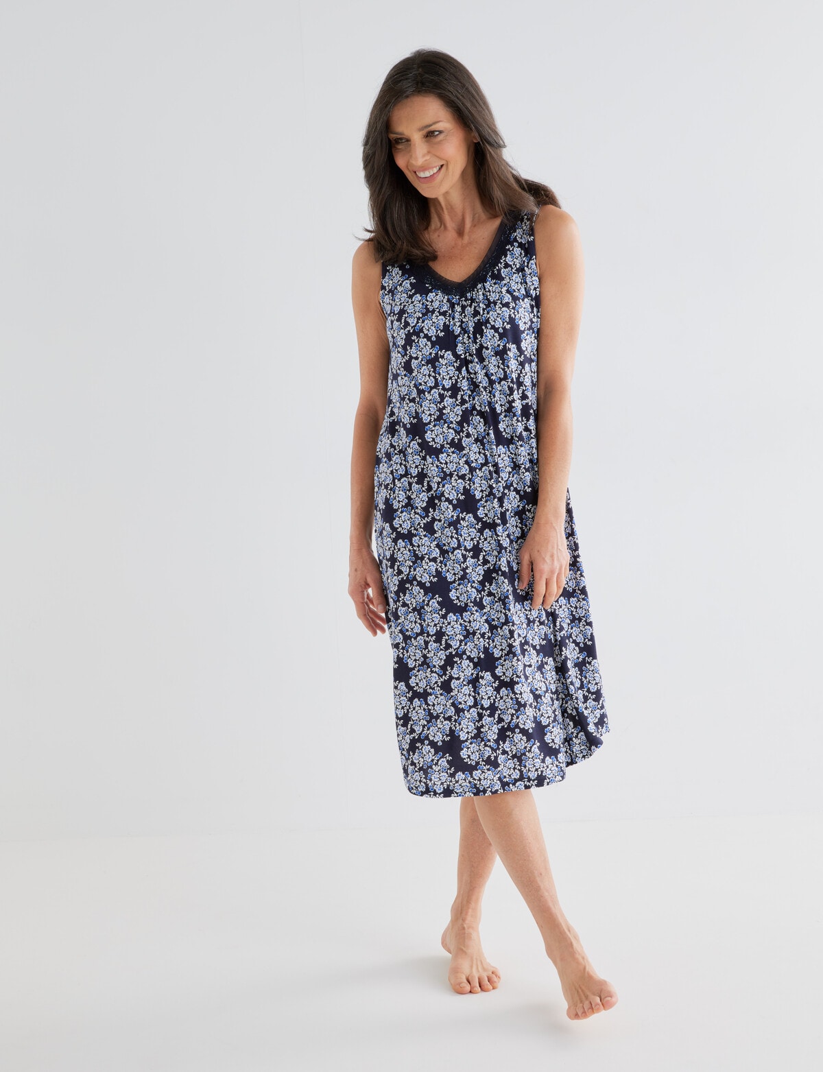 Ruby & Bloom V-Neck Knit Nightie, Navy Print, 10-26 - Nighties