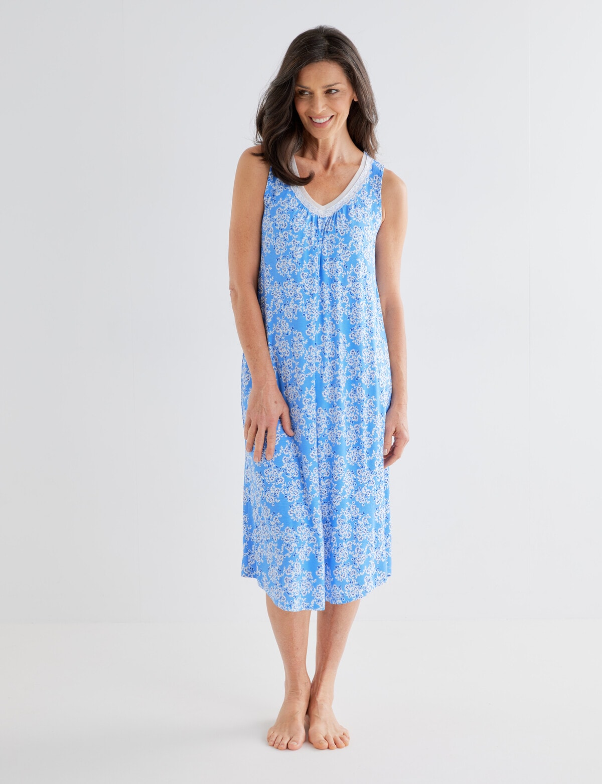 Ruby & Bloom V-Neck Knit Nightie, Blue Print, 10-20 - Nighties