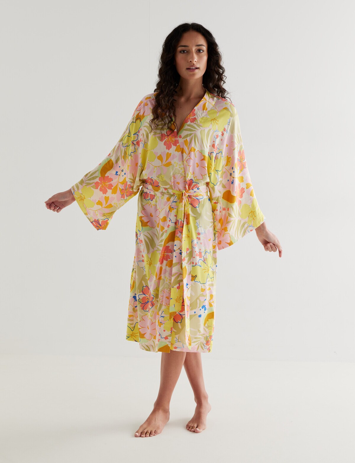 Zest Sleep Summer Print Wide Sleeve Robe, Yellow, 8-22 - Robes
