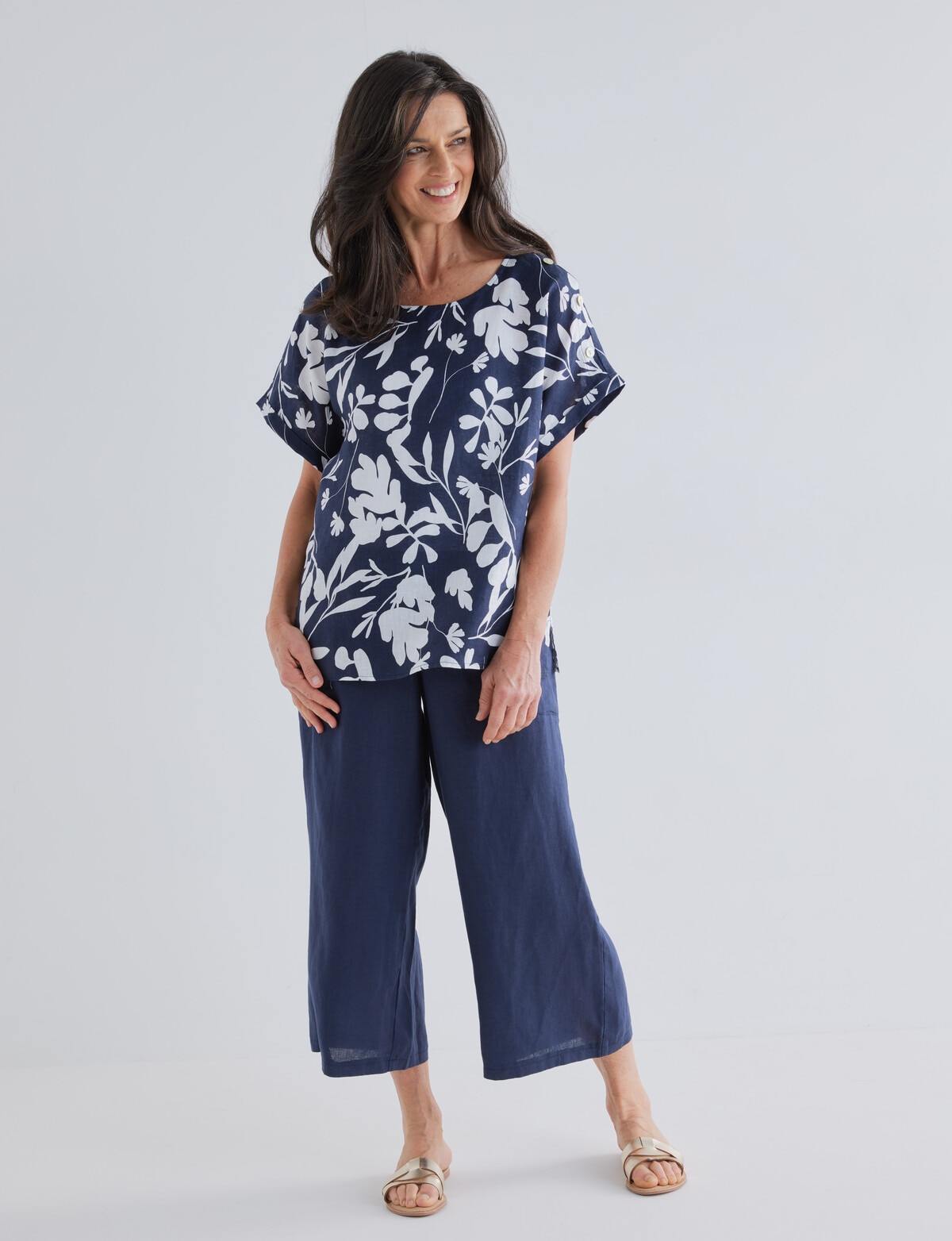 Ella J Printed Linen Boxy Shell Top, Navy - Tops