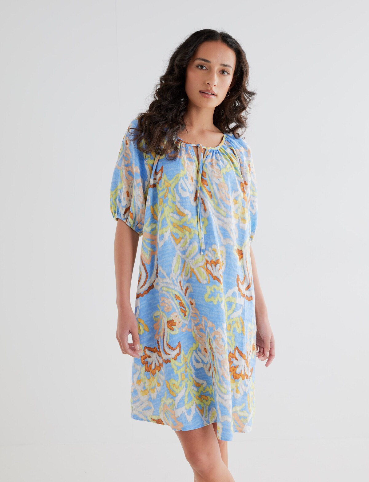 Zest Brushstroke Print Linen Smock Dress, Blue - Dresses