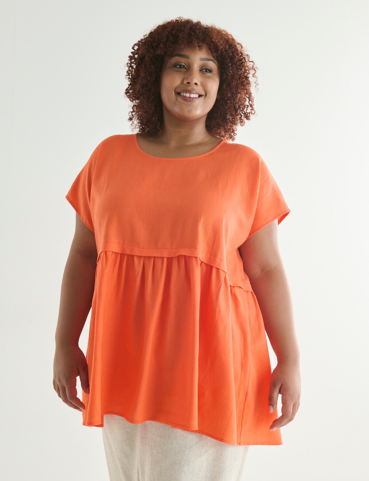Studio Curve Linen Blend Drop Waist Top, Orange - Womens Red Dot
