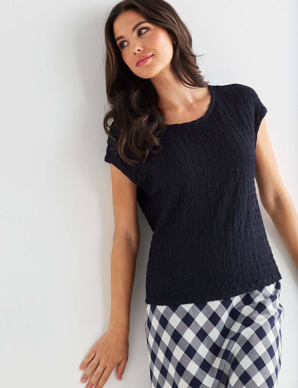 Whistle Textured Knit Tee, Navy - Tops