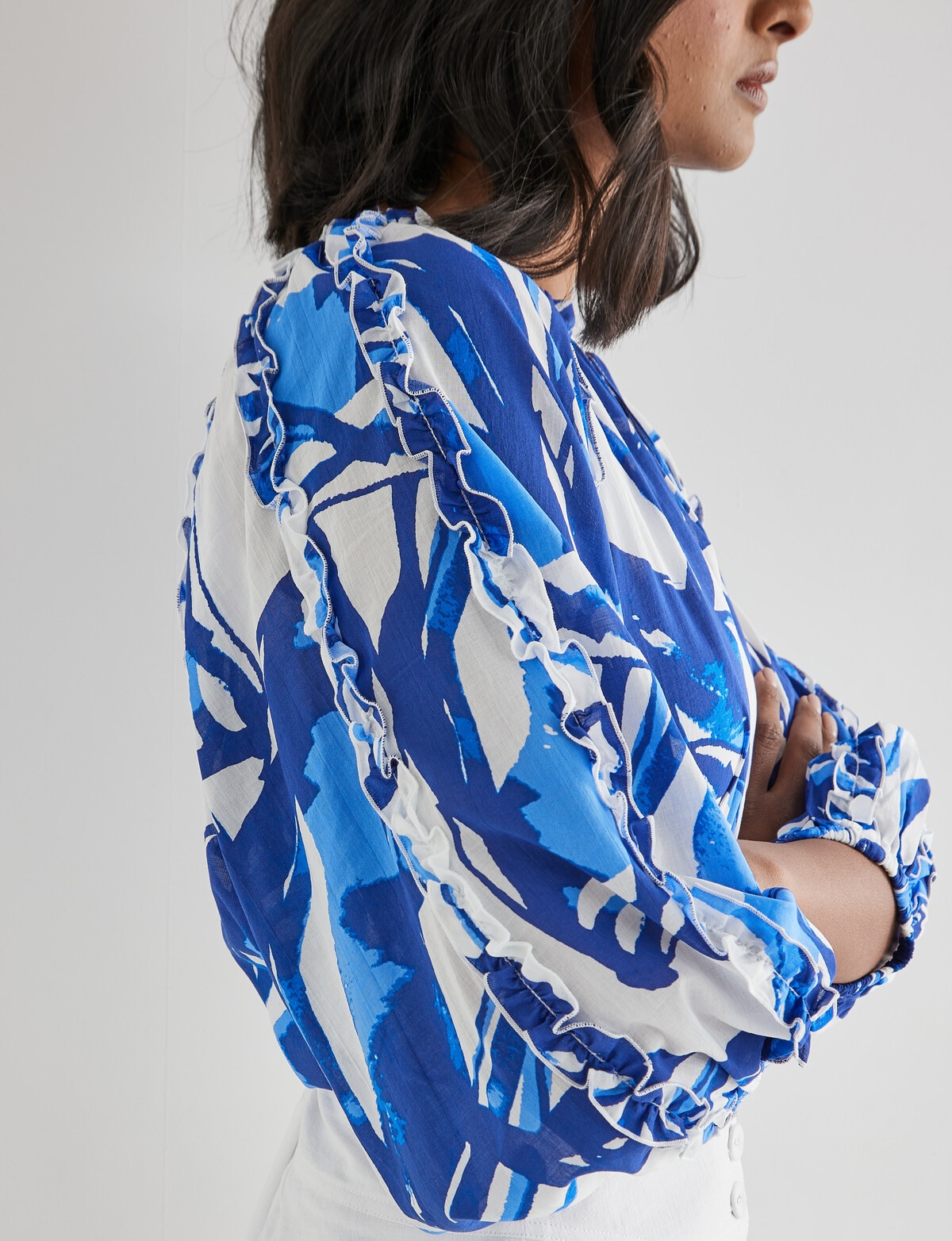 Whistle Printed 3/4 Sleeve Ruffle Blouse, Capri - Tops