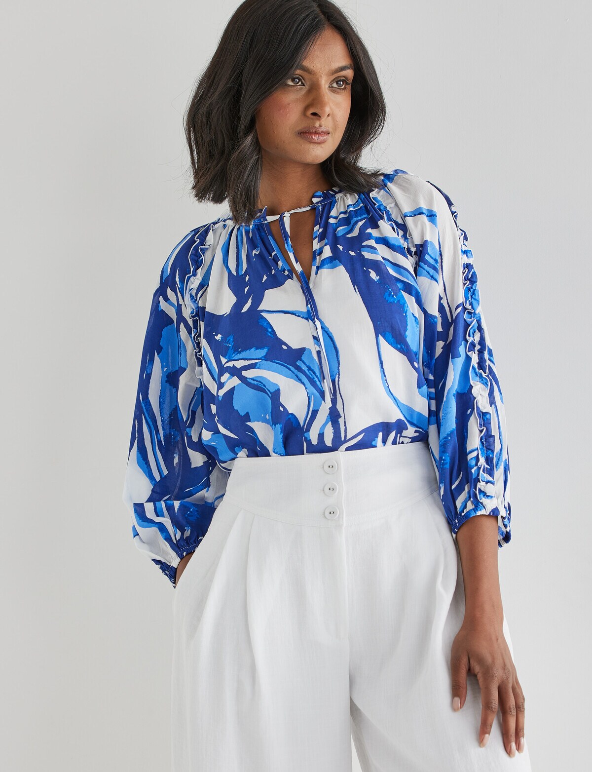 Whistle Printed 3/4 Sleeve Ruffle Blouse, Capri - Tops