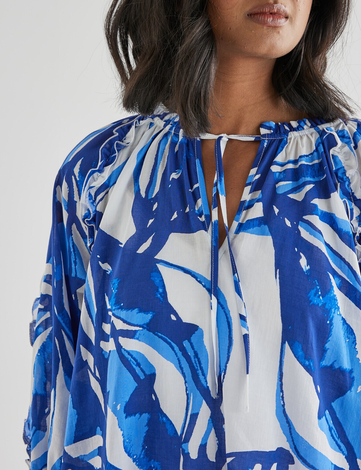 Whistle Printed 3/4 Sleeve Ruffle Blouse, Capri - Tops